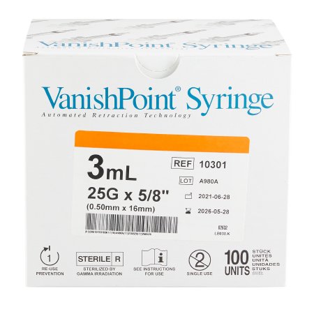 Safety Hypodermic Syringe with Needle VanishPoint® 3 mL 5/8 Inch 25 ...