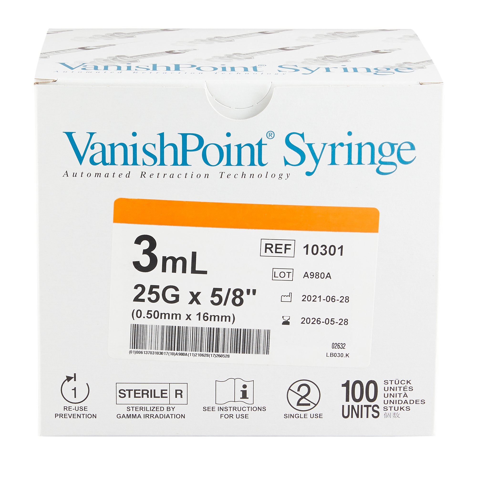 Safety Hypodermic Syringe with Needle VanishPoint® 3 mL 5/8 Inch 25 ...